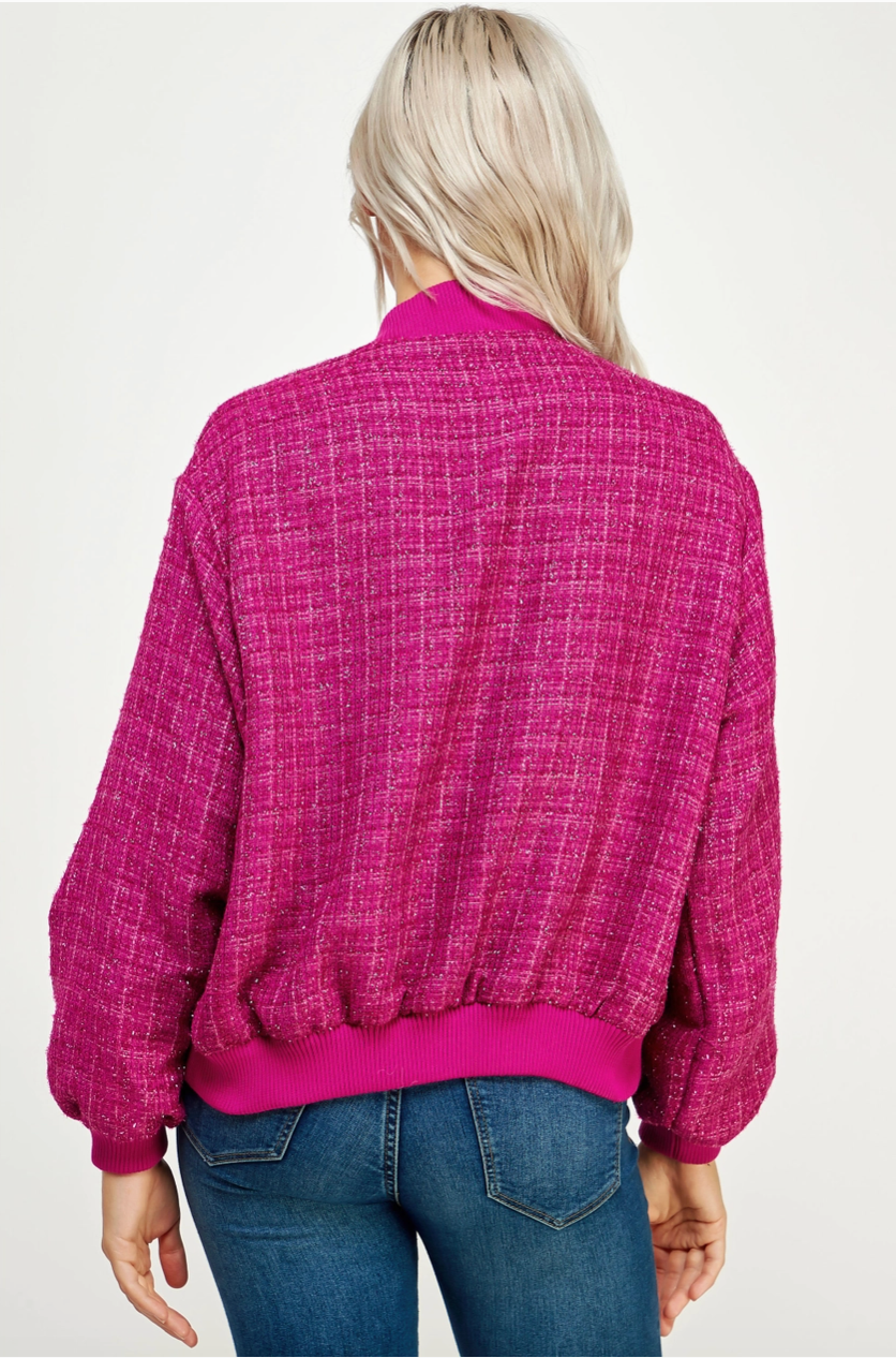 Metallic Tweed Bomber Jacket - Magenta